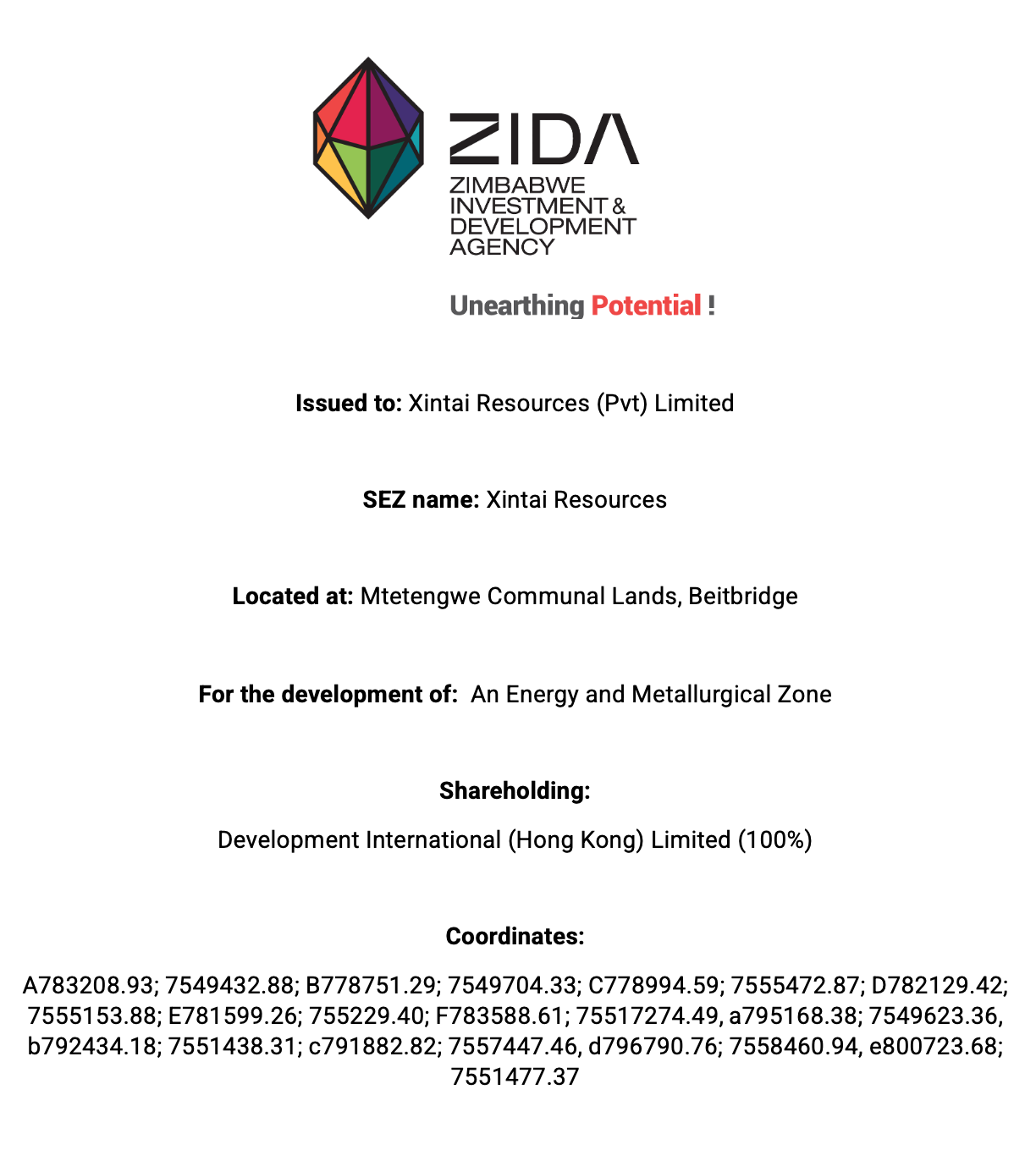 Xintai Developer Permit – ZIDA Invest